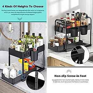 CJNBSHAD Under Sink Organizers and Storage, Adjustable Height Sliding Bathroom Sink Organizer, Multi-Use 2 Tier Under Kitchen Sink Organizer, Cabinet Organizer Storage With 4 Hooks, 2 Hanging Cup