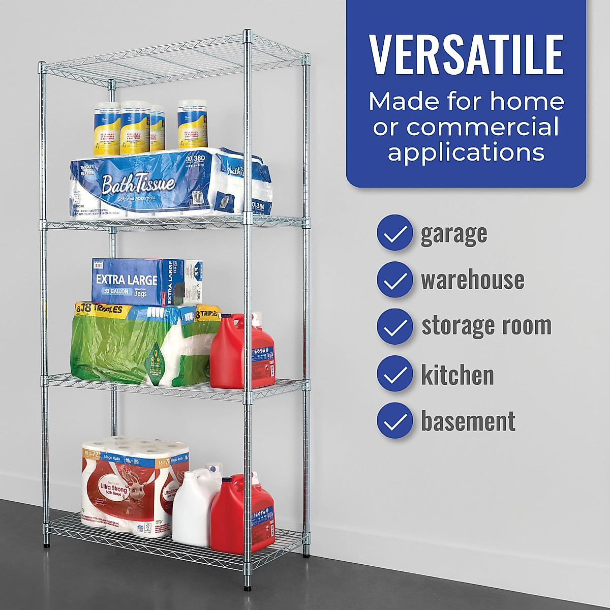 SafeRacks - NSF Certified Storage Shelves, Zinc, Heavy Duty Steel Wire Unit with Adjustable Feet, Garage or Bakers Rack, Kitchen, Pantry Shelf - (18"x36"x72" 4-Tier) (Silver)