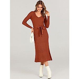 ANRABESS Women Long Sleeve V Neck A-line Tie Waist Slim Fit Ribbed Knit Bodycon Midi Sweater Dress 2025 Fall Trendy Outfits Rust Small