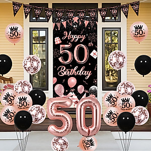 50th Birthday Decorations for Women Black and Rose Gold, Happy 50th Birthday Door Banner, Triangle Flag Garland, Number 50 Balloon, Fifty Year Old Birthday Party Supplies