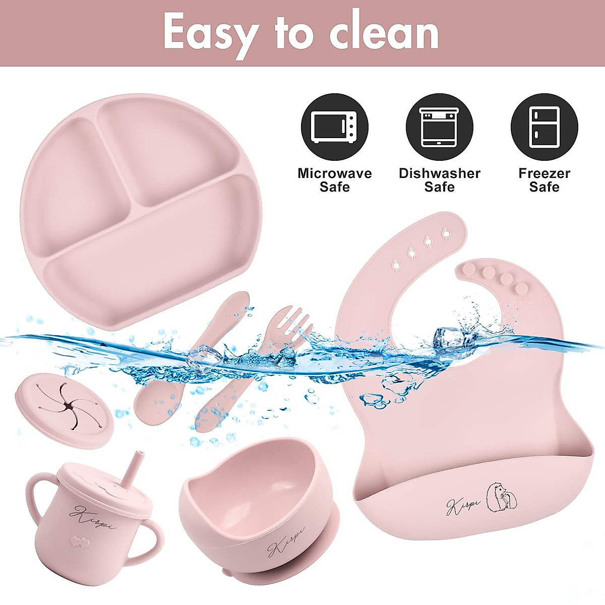 Baby Led Weaning Supplies - Kirpi Baby Feeding Set - Silicone Suction Bowls, Divided Plates, Sippy and Snack Cup - Toddler Self Feeding Eating Utensils Set with Bibs, Spoons, Fork - 6 Months (Pink)