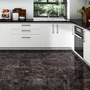 WESTICK Black Marble Peel and Stick Floor Tile Bathroom Flooring Tiles Peel and Stick Waterproof Floor Tile Bedroom Living Room Vinyl Flooring Kitchen Vinyl Tiles for RV Storeroom 5 PCS 12" x 12"