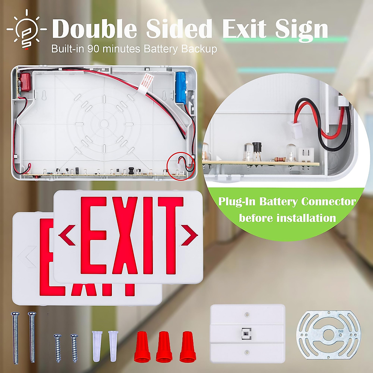 Gruenlich LED Exit Sign, Emergency Light with Double Face and Battery Backup, UL 924 Qualified, AC 120/277V, US Standard Hardwired Red Letter Exit Lights Combo for Business, 1-Pack