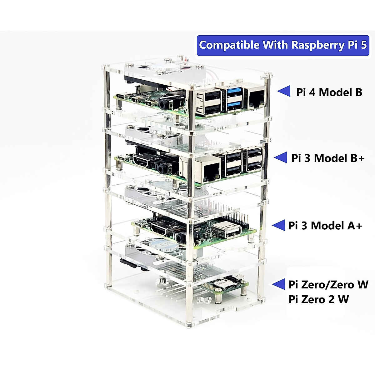 Micro Connectors Four (4) Layer Stackable Acrylic Raspberry Pi 3 Case for Model B B+ and Pi 4 Enclosure with Fan and Heatsinks - Clear (RAS-PCS46)