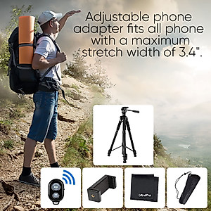 UltraPro 72" Inch Black Camera Tripod with Universal Smartphone Mount + Remote Control Compatible with iPhone/Android Cell Phone, Includes UltraPro Microfiber Cleaning Cloth