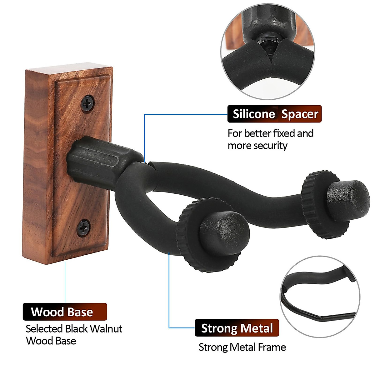 WINGO Guitar Wall Mounts 2 Pack, Guitar Wall Hanger Holder Stand for Acoustic Electric Guitar Bass Ukulele – Black Walnut Woodbase
