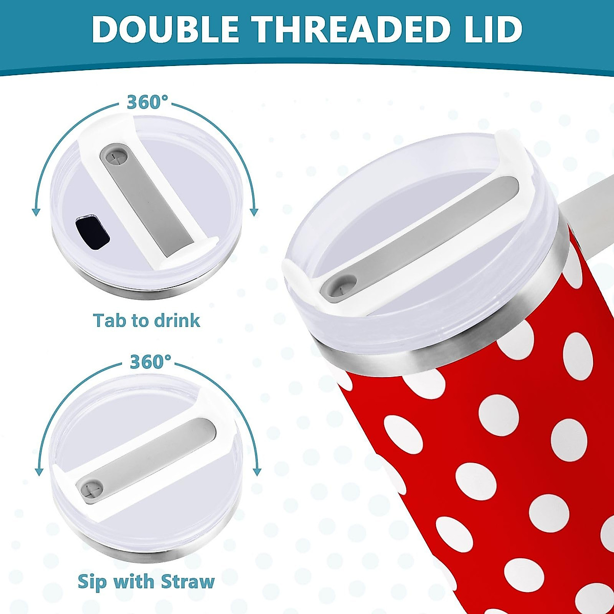 Polka Dot Red Stainless Steel Vacuum Insulated Tumbler with Handle and Straw Lid for Water, Insulated Tumbler 40 OZ / 1.18 L