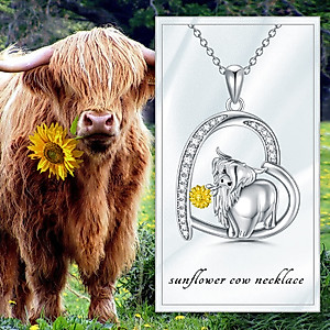 PROESS Highland Cow Necklace for Women 925 Sterling Silver Sunflower Cow Pendant Necklace Cow Jewelry Animal Lover Gifts