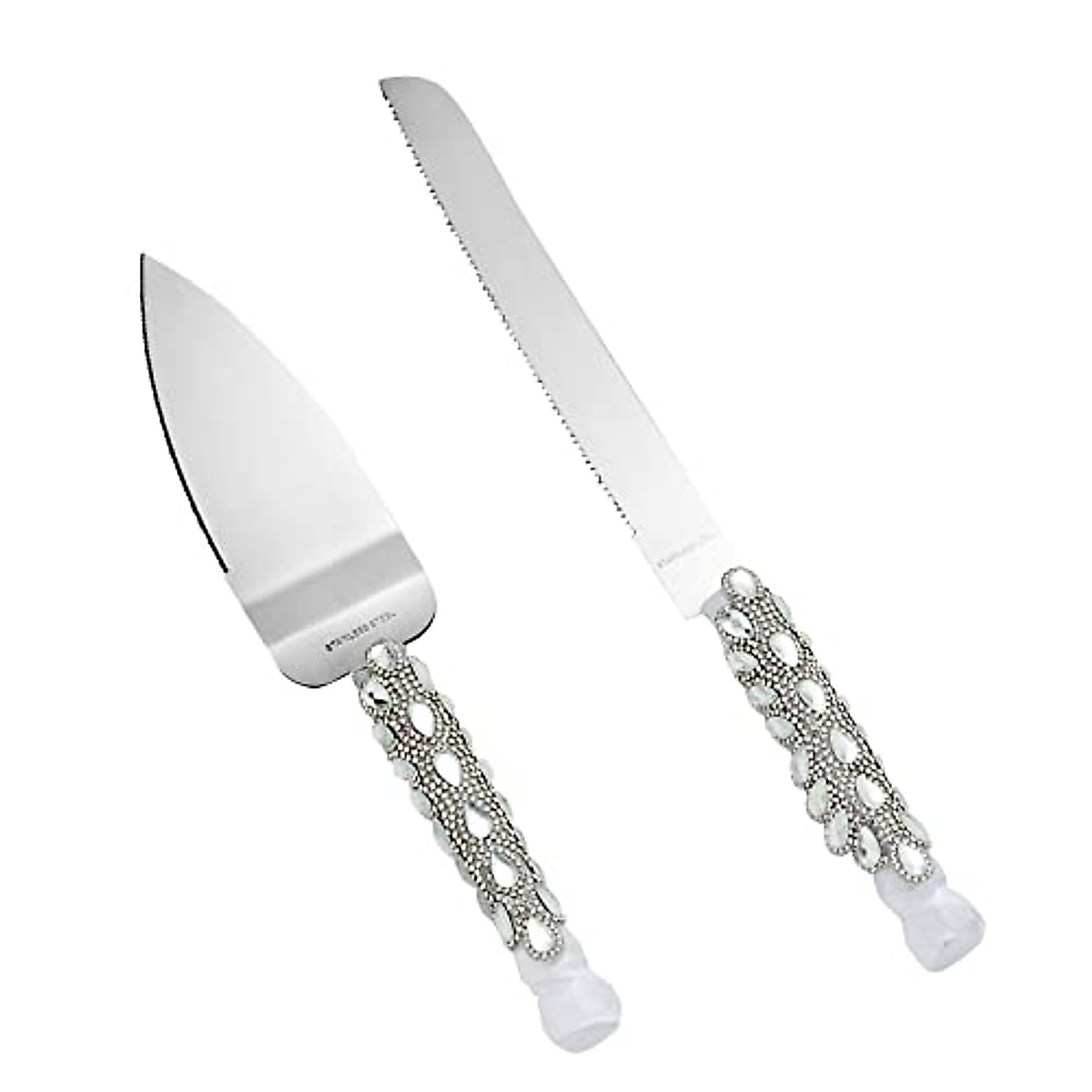 Stainless Steel Wedding Cake Knife and Server Set for Cake Cutting Ceremony, Embellished with Faux Crystals, Diamonds, Ribbon