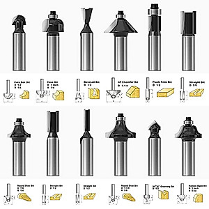 FivePears Tungsten Carbide Router Bits - 12 Piece Router Bit Set with 1/2-Inch Shank for Doors,Tables,Shelves,Cabinets,DIY Woodwork