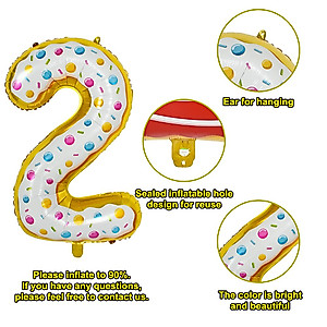 Donut Balloon Party Decorations With White Large Doughnut Number 2 Balloon Round Donut and Star Mylar Foil Balloons with Ribbon for 2nd Baby Birthday Party Supplies … …