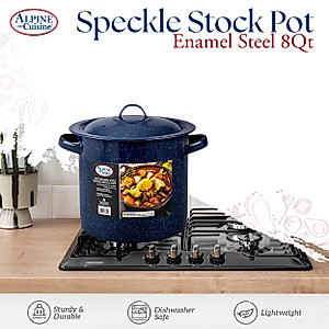 Alpine Cuisine Enamel Steel Dark Blue Speckle Stock Pot 8-qt with Lid, Healthy Cookware Commercial Grade Stockpots, Multi Cooking Pot for Stew, Sauce & Reheat Food, Compatible for Family Meals