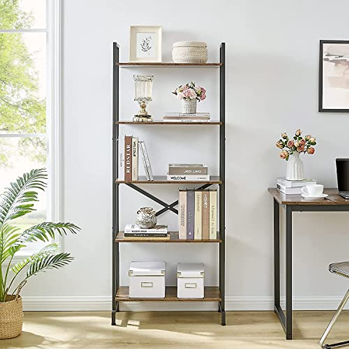 Hoctieon 5 Tier Bookshelf, Tall Bookcase Shelf Storage Organizer, Vintage Wood Open Shelves, Utility Organizer Shelves for Home Office, Living Room, Bedroom, Kitchen, Bathroom, Rustic Brown