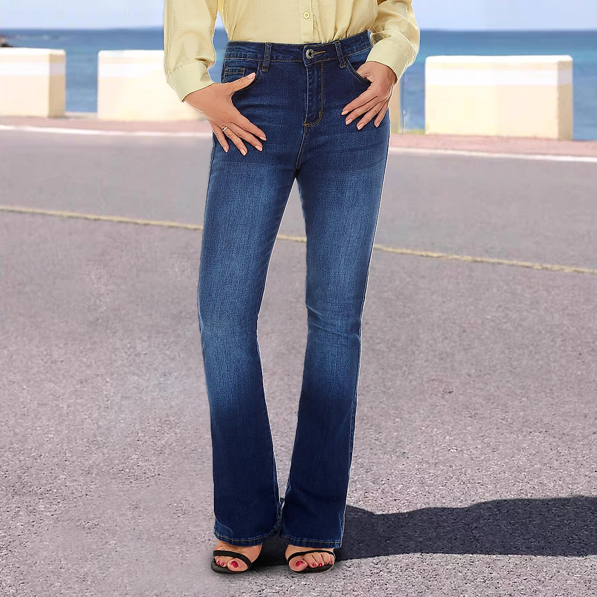 VIPONES Jeans for Curvy Women High Rise Bell Bottom Dark Blue Jeans(109,Size 8)