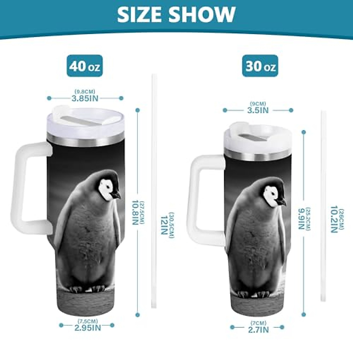ODAWA Large Penguins Grey Insulated Water Tumbler with Lid and Straw, Stainless Steel Vacuum Insulated Tumbler