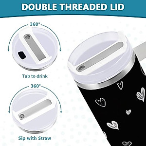 PaChyLuu 40 oz Insulated Tumbler with Handle and Straw Lid, Black White Heart Valentine's Day Leak-Proof Stainless Steel Travel Coffee Mug for Car Cup Holder
