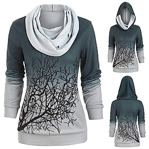 CapsA Women Womens Cowl Neck Tunic Sweatshirt Button Pullover Hoodies Plus Size Halloween Tree Print Convertible Collar Sweatshirt Green