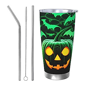 Green Ghost Horror Halloween 20oz Insulated Stainless Steel Tumbler With Lids And Straws, Double Wall Vacuum Travel Coffee Mug, Thermal Cup For Cold & Hot Drinks, Reusable Metal Straw & Brush