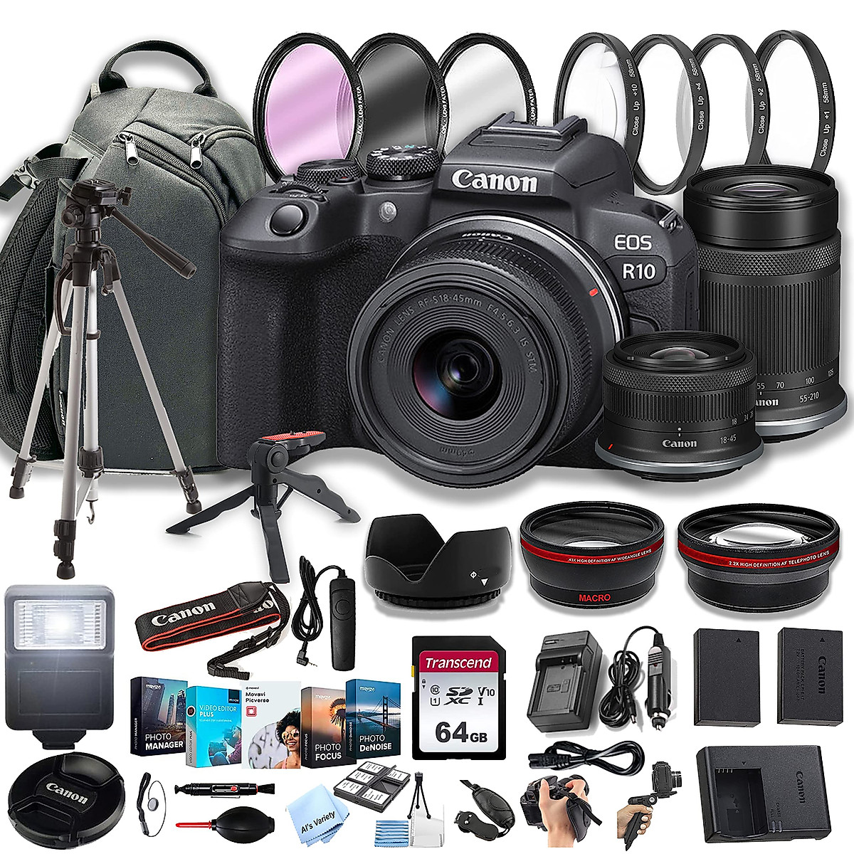 Canon EOS R10 Mirrorless Digital Camera with RF-S 18-45mm f/4.5-6.3 is STM Lens + 55-210mm f/5-7.1 is STM Lens + 64GB Memory Cards, Professional Photo Bundle (42pc Bundle)
