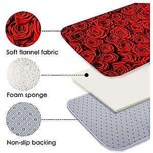 Red Rose Flower Print 17MM Thick Memory Foam Bathroom Carpet and Door Mat Non-Slip Absorbent Super Bath Mats Comfortable Flannel Bathroom Carpet Bed Rug 24 X 16 Inches
