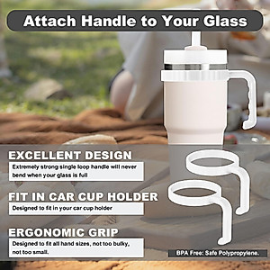 2pcs Tumbler Handle for Stanley 14oz Quencher H2.0 Flowstate Tumbler, 14oz Tumbler Handle Attachment Anti-Slip Improved Grip Car Cup Holder Friendly for Cup Accessories (White)