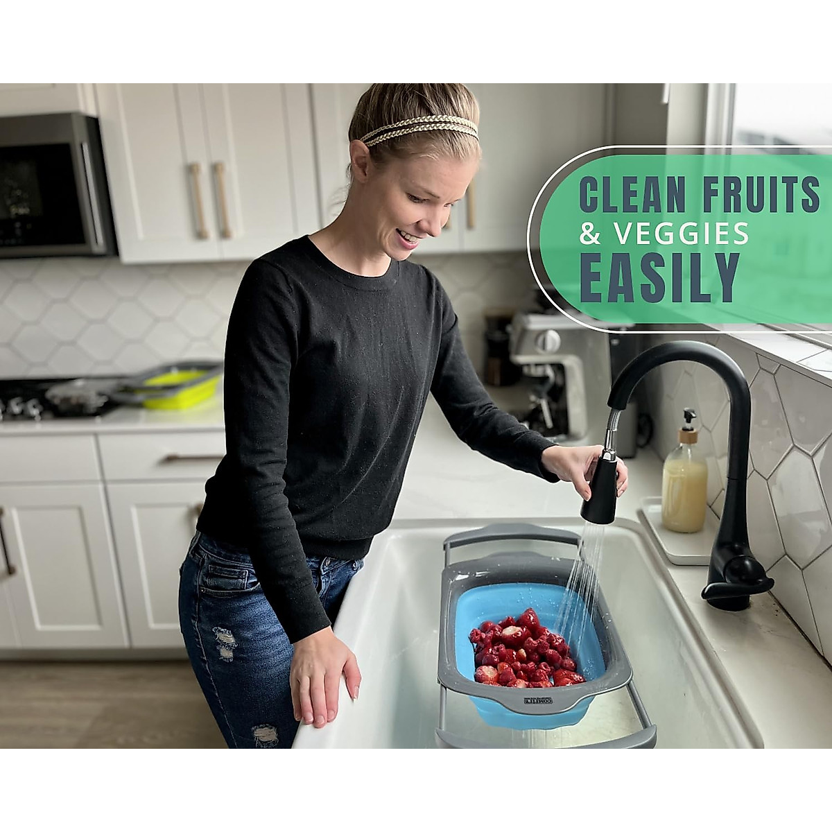 XL Large Kitchen Strainer by Comfify - Collapsible Silicone Over-The-Sink Colander with Extendable Handles - Use with Pasta, Fruit, Berries & Veggie - 6 Quart - Blue