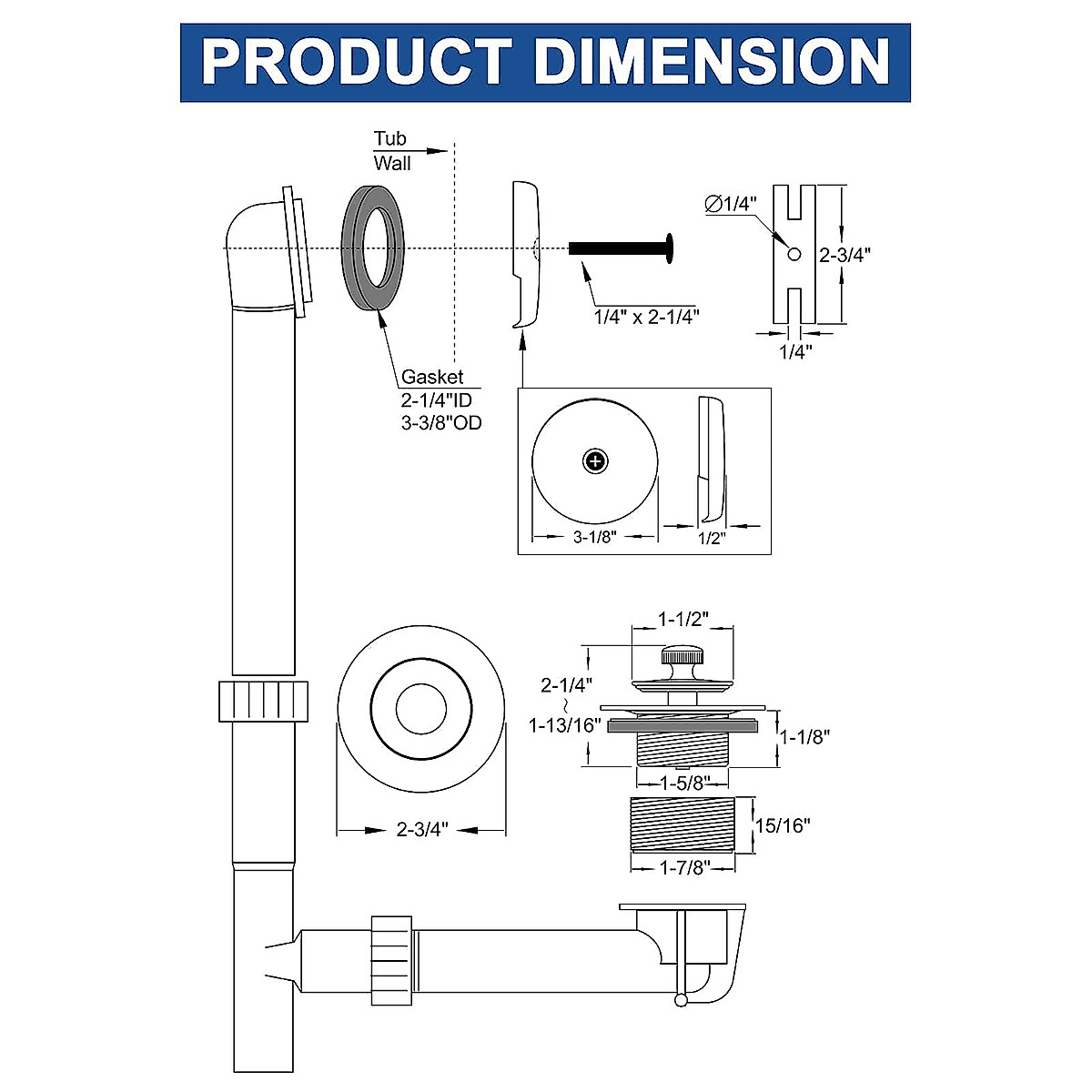 Anpean Brass Bathtub Drain Kit, Lift and Turn Tub Drain Kit with Single Hole Overflow Faceplate, Matte Black