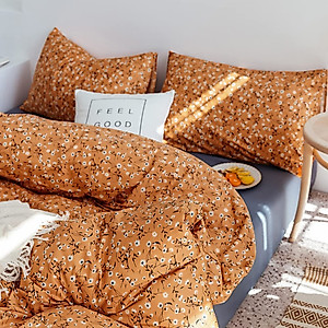 LifeTB Garden Style Orange Floral Duvet Cover King Boho Flower Botanical Bedding Sets Burnt Orange Pumpkin Color Comforter Cover 100% Cotton Floral Bedding Sets 1 King Duvet Cover with 2 Pillowcases