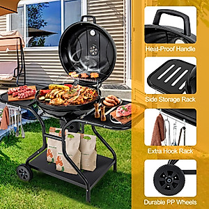 Giantex Kettle Charcoal Grill 22-Inch, Porcelain Enamel Body and Lid, 2 Side Tables with 4 Hooks, Storage Shelf, Upgraded Ash Catcher, Thermometer, Air Vents, Outdoor Cooking Barbecue Grill