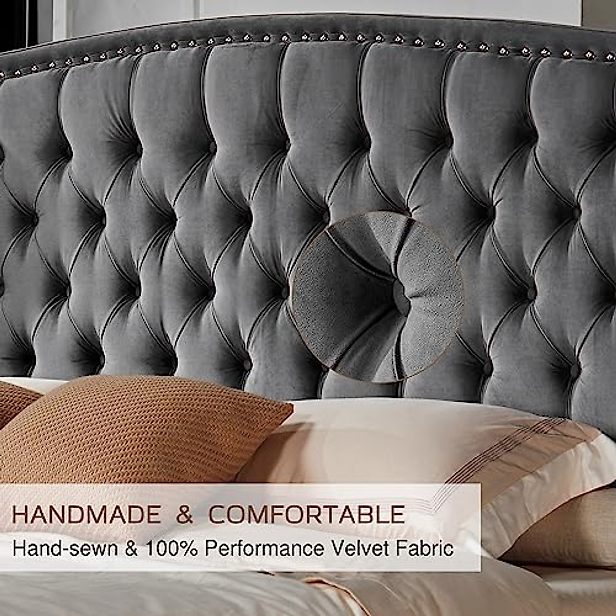 LUXOAK Queen Platform Bed Frame with Wingback Headboard, Velvet Upholstered Bed Frame with Handmade Button Tufted & Nailhead, Wooden Slats Support, Grey