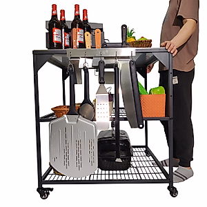 JIN BETTER GRILL PARTS Three-Tier Stainless Steel Pizza Oven Cart, Movable Work Table for Ooni, Blackstone, Cuisinart (31.5" D x 31.5" W x 35.4" H)