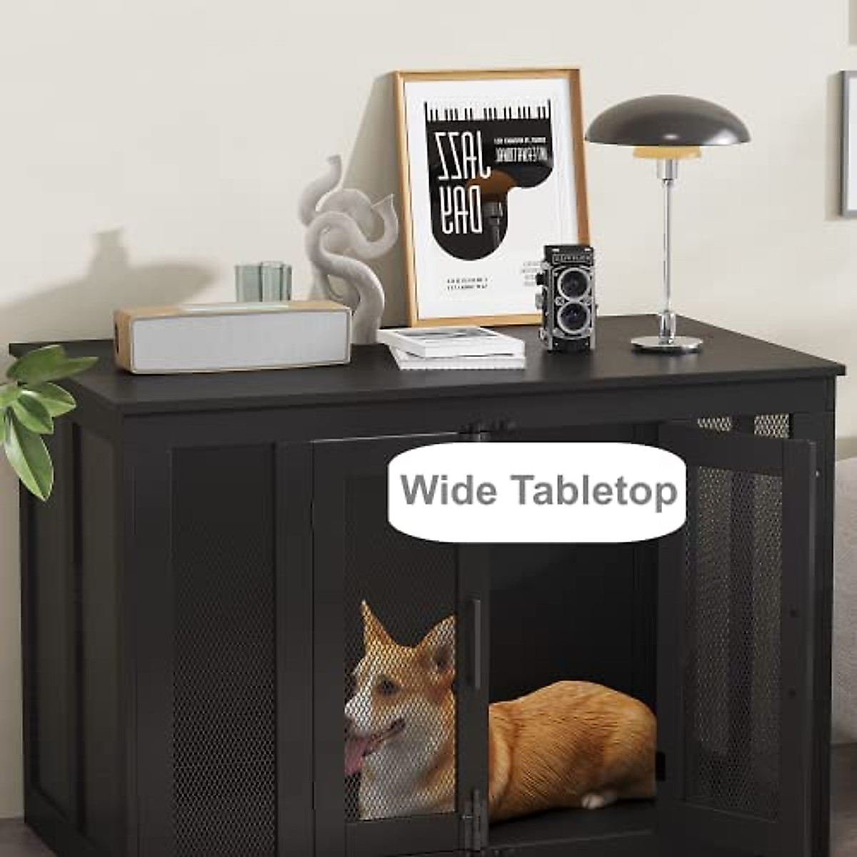 Irontar End Table Dog Crate Furniture for Small to Large Dogs, Wooden Dog Kennel with Cushion, Double-Door Dog House, Black MGW001H