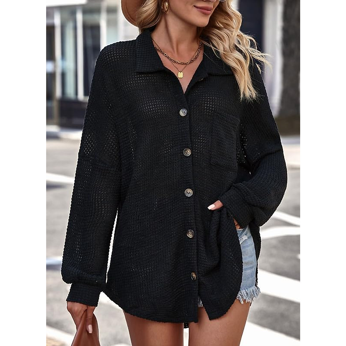 Dokotoo Black Button Up Tops for Women Long Sleeve Waffle Knit fall Jacket Loose Fit Boyfriends Pocket Outerwear winter coat Oversized Blouses fall outfits Small