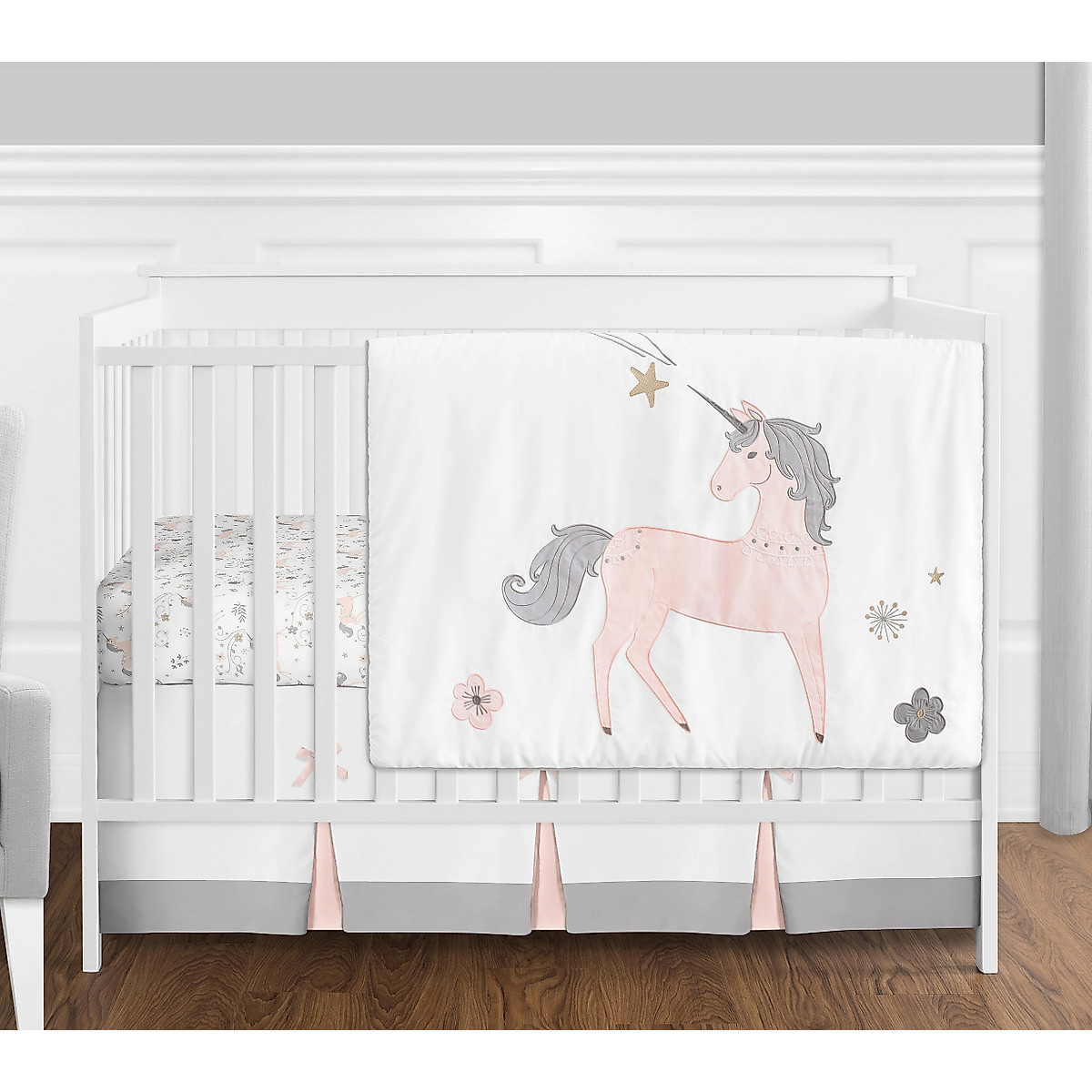 Sweet JoJo Designs 4 Piece Pink, Grey and Gold Unicorn Baby Girl Crib Bedding Set Without Bumper