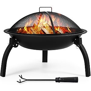 AMAGABELI GARDEN & HOME Fire Pit Outdoor Wood Burning Portable Folding 22in Firepit Firebowl Fireplace Poker Spark Screen Retardant Mesh Lid Deep Round Outside Backyard Camping Metal Grate ET286