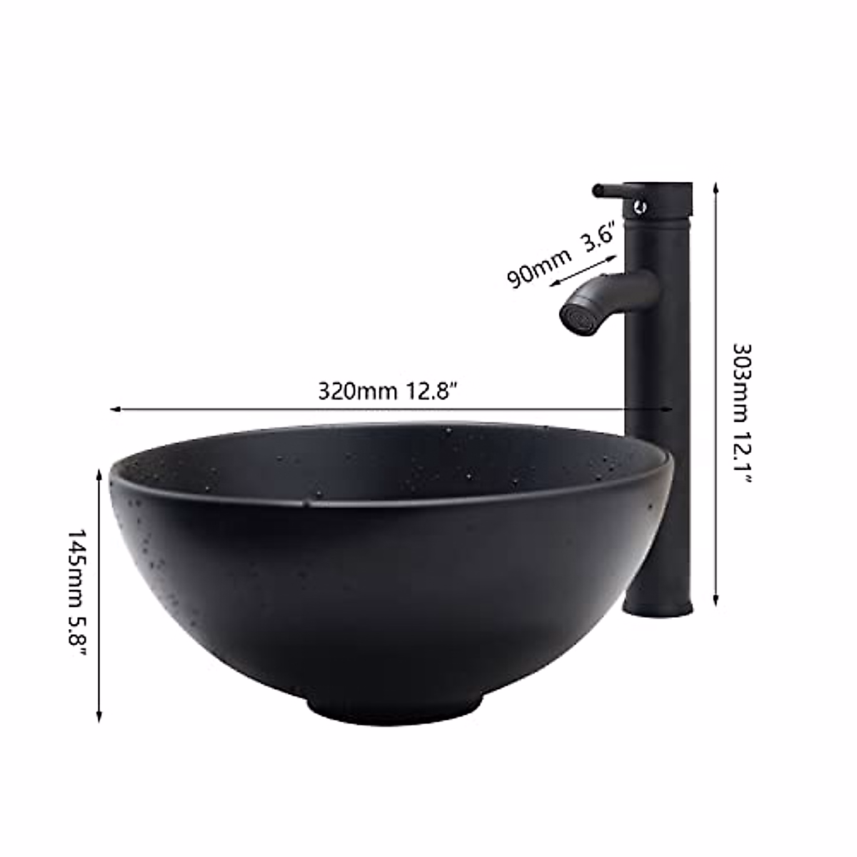 MEKKHALA 13 Inch Bathroom Ceramic Vessel Sink Round Matte Black Above Counter Wash Basin Bowl Combo With Black Mixer Faucet And Waste Drain Set