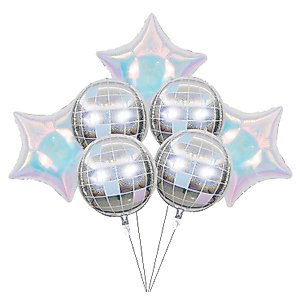 Iridescent Disco Party Foil Balloons With Clear Star Balloons 4D Silver Aluminum Balloons,for Birthday, Bachelorette Party, 70s 80s Theme Last Disco Party Decorations Supplies (Transparent 4+3)