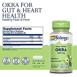 SOLARAY Okra Fruit 1600 mg, Healthy Digestion, Regularity & Cardiovascular Support, Soluble Fiber, 25 Serv, 100 VegCaps