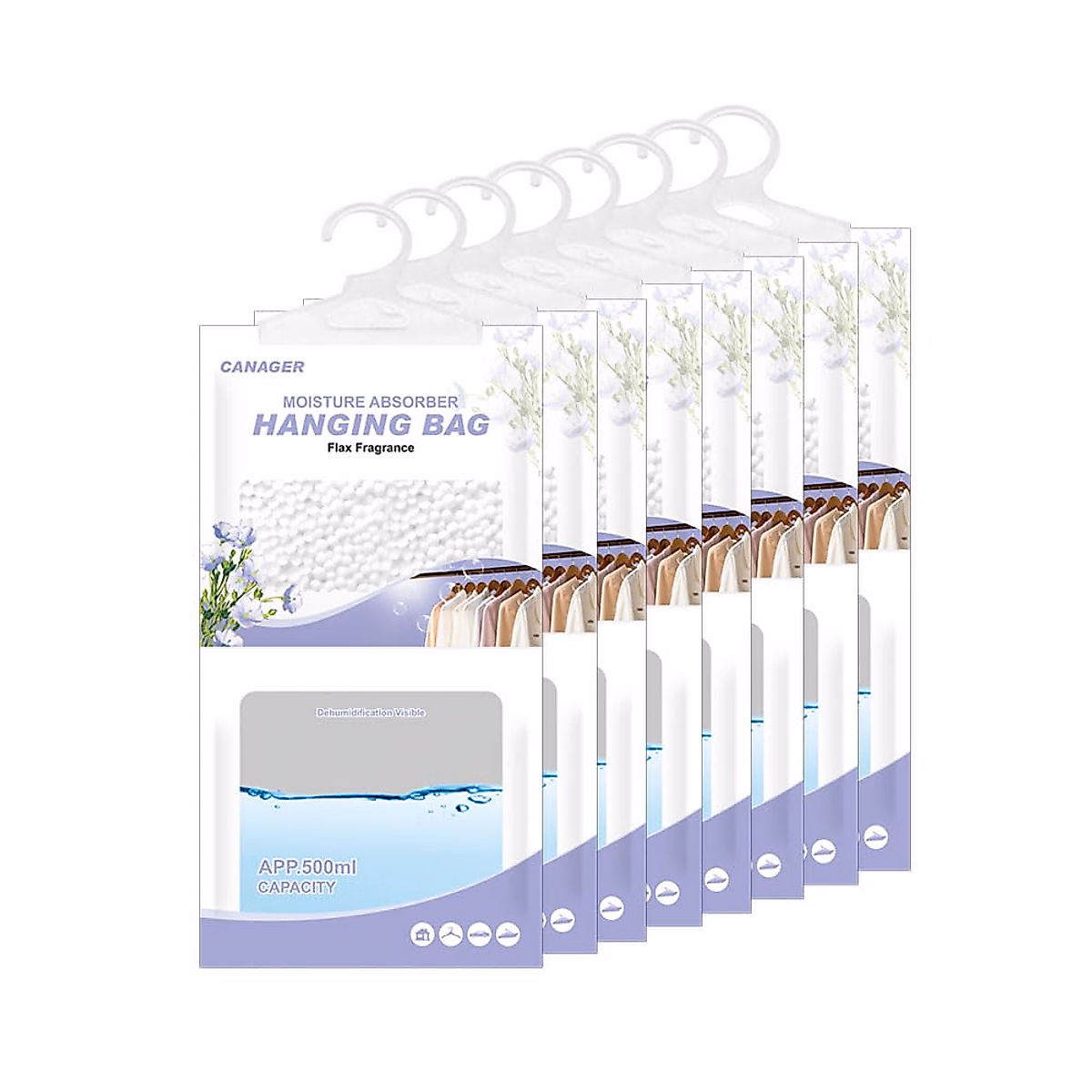 CANAGER Hanging Moisture Absorber, Flax Fragrance Moistureproof Desiccant Hanging Bag，Dehumidifier Bag (8 packs) Hanging Closet Dehumidifier Bags, Moisture Absorb 12.5 oz