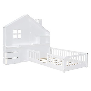 RORIGAT Wooden Twin Size House Bed with Window and Bedside Drawers, Platform Bed Frame with Shelves and a Set of Sockets and USB Port for Kids/Bedroom,White