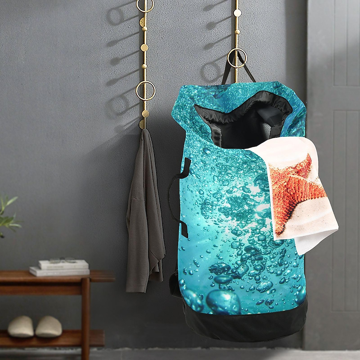 Tatenale Laundry Backpack with Shoulder Straps Drawstring Laundry Bags Extra Large Heavy Duty for College Dorm Travel Laundromat Apartment Camping Bubbles Water