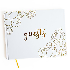 GSM Brands Wedding Guest Book, Simple Flower Bloom Line Art, 9 x 7 60 Lined Guestbook Pages, Elegant Gold Foil Embossed Design with Gold Page Edges