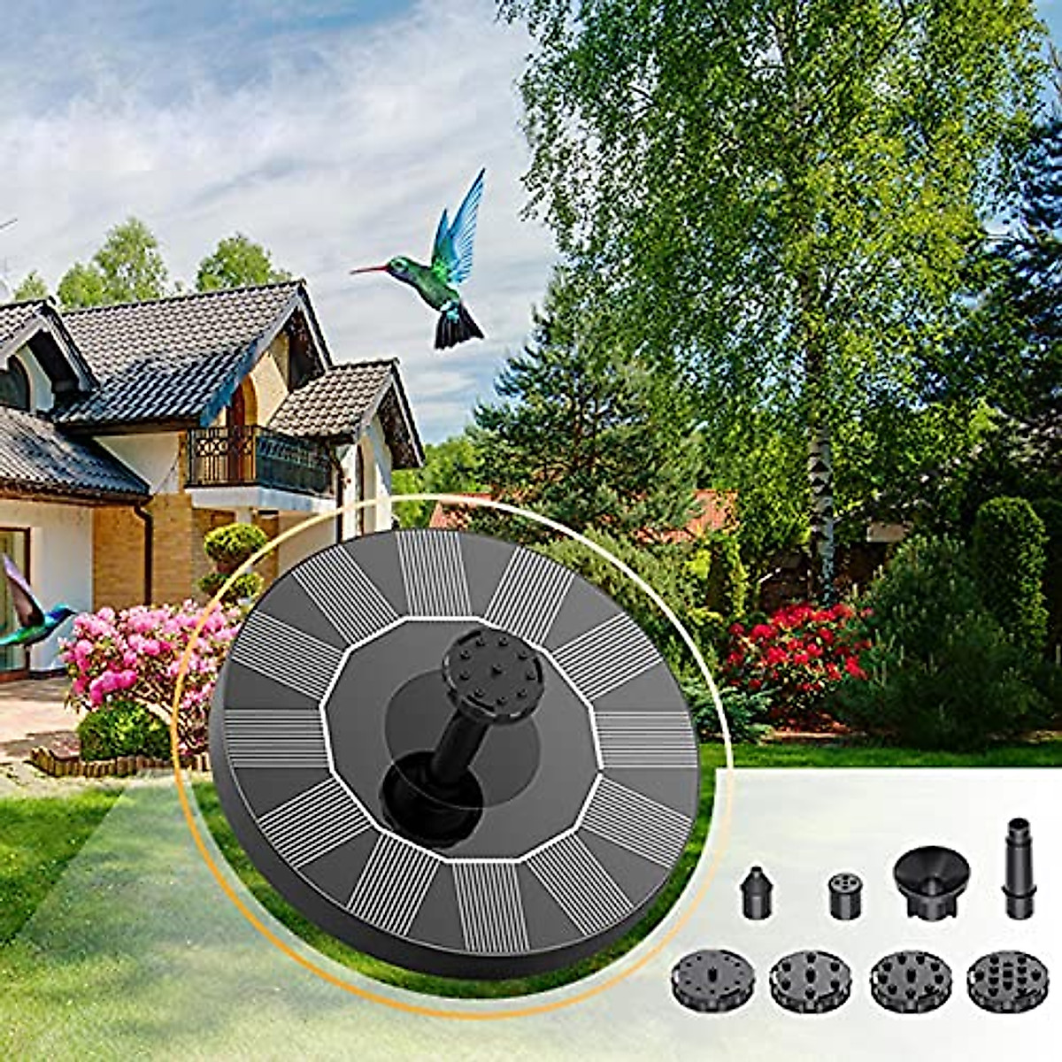 Kemine Solar Bird Bath Fountain Pump 1.0W with 4 Nozzle and Connector Free Standing Floating Water for Bird Bath Garden Pond Fish Tank Aquarium Outdoor (A)