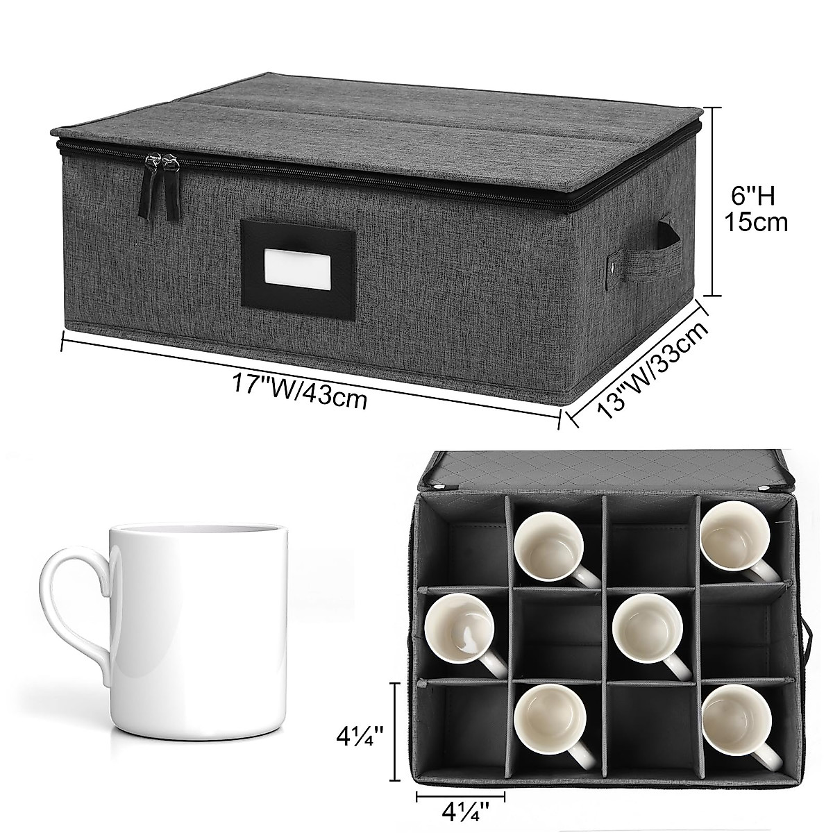 Cup and Mug Storage Box 2Pack, 12 Cells China Storage Containers for Tea Cups and Coffee Mugs with Zipper Lid and Rivet Reinforced Handles, Hard Shell and Stackable (Black)