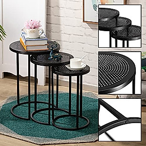 ALIMORDEN Set of 3 Round Metal Nesting Table, 3-Pack Indoor&Outdoor Coffee Snack Side Table, Accent Nightstand for Bedroom, Sofa Side Table for Living Room, Garden, Patio, (D) 14" x(H) 19.69", Black