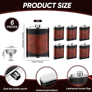 Rtteri 8 oz Leather Hip Flasks for Liquor for Men Leak Proof Stainless Steel Drinking Flasks with Funnel Soft Wrap Whiskey Vessels for Wedding Bridesmaid Christmas Gifts(Brown,6 Set)