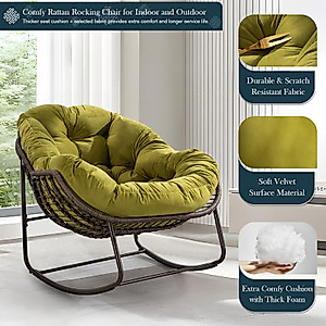 Outdoor Rocking Chair, Patio Oversized Rattan Egg Rocking Chair, Indoor Outside Padded Cushion Rocker Recliner Chair, Modern Lounge Chair for Front Porch, Garden, Backyard, Balcony, Deck, Olive Green