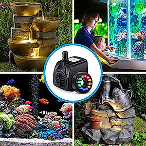 CWKJ Fountain Pump with LED Lights, 220GPH(15W 900L/H) Submersible Water Pump, Durable Outdoor Fountain Water Pump with 6.5ft Tubing (ID x 1/3-Inch), 3 Nozzles for Aquarium, Pond, Fish Tank