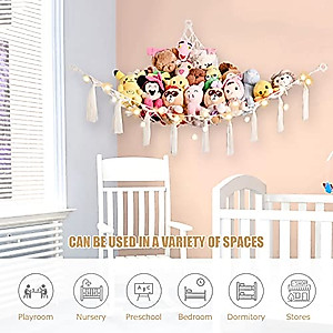 Stuffed Animal Hammock Macrame Boho Plush Toy Net Hammock For Stuffed Animals With Light Pet Net For Stuffed Animals Corner Hanging Stuffed Animal Storage Holder Teddy Bear Net For Kids Room (White)