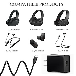 USB C Charger Cable Compatible for Sony WH-1000XM4 WH-1000XM3 WF-1000XM4 WH-XB900N WH-CH510 WI-1000XM2 WI-C200 WI-XB400, WF-1000XM3, AKG Y400 Y600NC Headphones Adapter Charging Cable power cable (5FT)